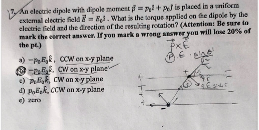7. An electric dipole with dipole moment p⃗ = p0 î + p0 ĵ is placed in a uniform external ...