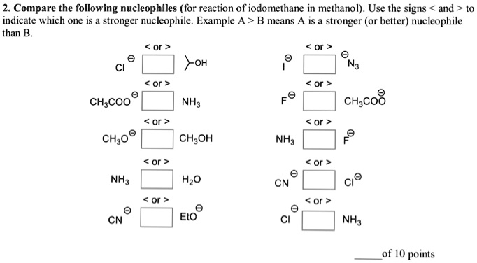 2. Compare the following nucleophiles (for reaction of iodomethane in ...