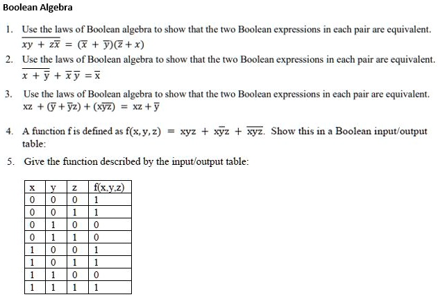 SOLVED: Use the laws of Boolean algebra to show that the two Boolean expressions in each pair ...