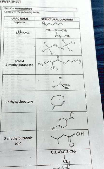 SOLVED: ANSWERSHEET Part C - Nomenclature: Complete the following table. IUPAC NAME: heptanal ...
