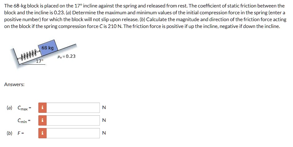 SOLVED: The 68-kg block is placed on the 17Â° incline against the ...