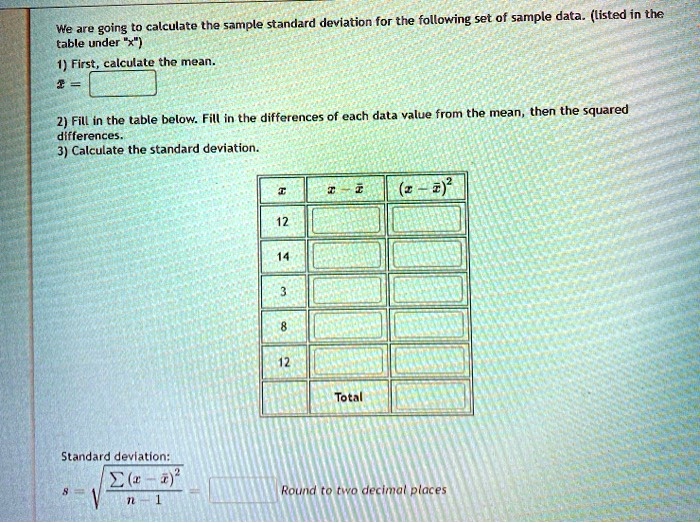 SOLVED: standard deviation for the following set of sample data (listed in tne We are going to ...