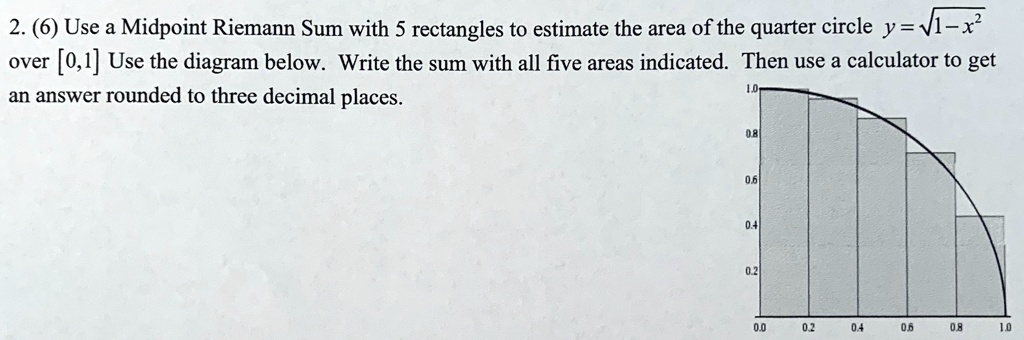 SOLVED:2. (6) Use a Midpoint Riemann Sum with 5 rectangles to estimate the area of the quarter ...