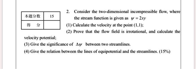 SOLVED: Aerodynamics 2.1 Consider the two-dimensional incompressible flow, where the stream ...