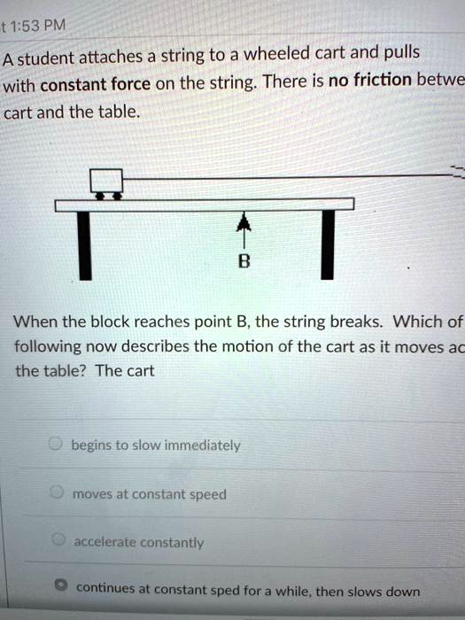 SOLVED: t1.53 PM A student attaches a string to a wheeled cart and ...