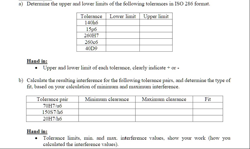 SOLVED: a) Determine the upper and lower limits of the following tolerances in ISO 286 format ...