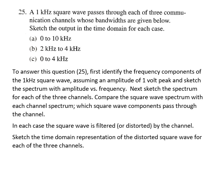 25. A 1 kHz square wave passes through each of three commu- nication channels whose bandwidths ...