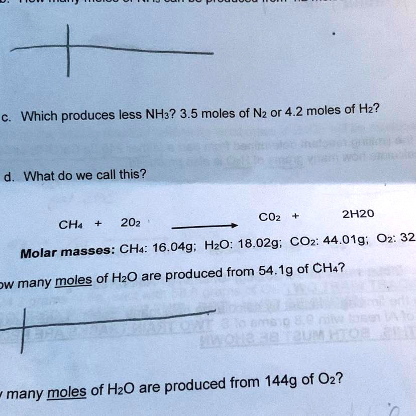 c. Which produces less NH3? 3.5 moles of N2 or 4.2 moles of H2? d. What ...
