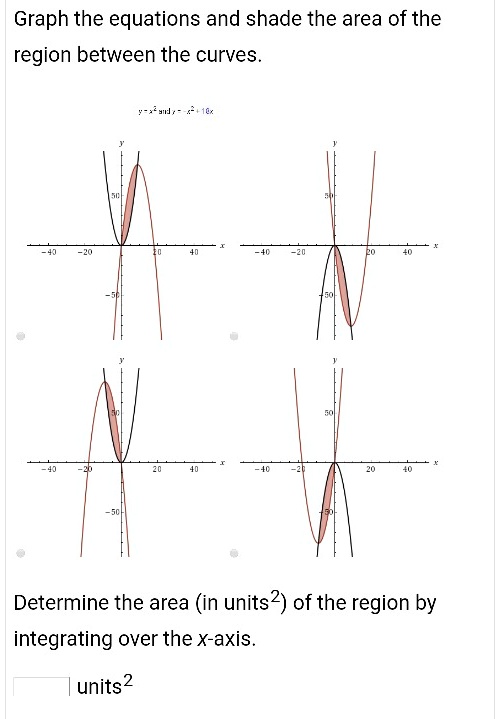Graph the equations and shade the area of the region between the curves ...