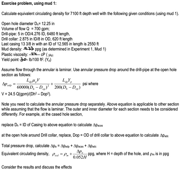 Solved Exercise Problem Using Mud 1 Calculate The Equivalent Circulating Density For A 7100