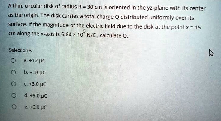 A thin; circular disk of radius R = 30 cm is oriented in the yz-plane with its center as the ...
