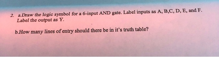 SOLVED: 2.a. Draw the logic symbol for a 6-input AND gate. Label inputs as AB, CD, E, and F ...