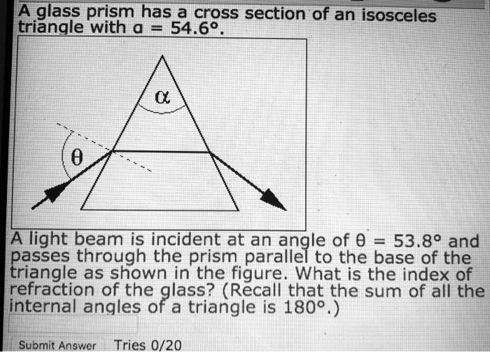 SOLVED: A glass prism has a cross section of an isosceles triangle with an angle of 54.69Â°. A ...