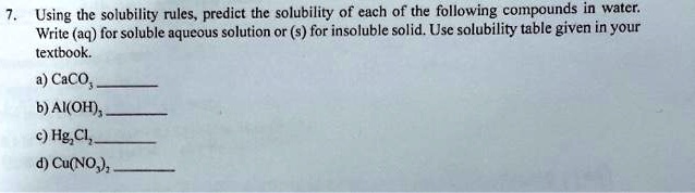 SOLVED: Using the solubility rules, predict the solubility of each of the following compounds in ...