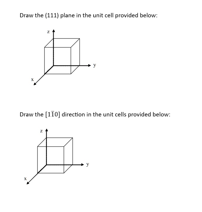 Draw the (111) plane in the unit cell provided below: Draw the [110 ...