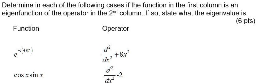 Determine In Each Of The Following Cases If The Function In The First Column Is An Eigenfunction