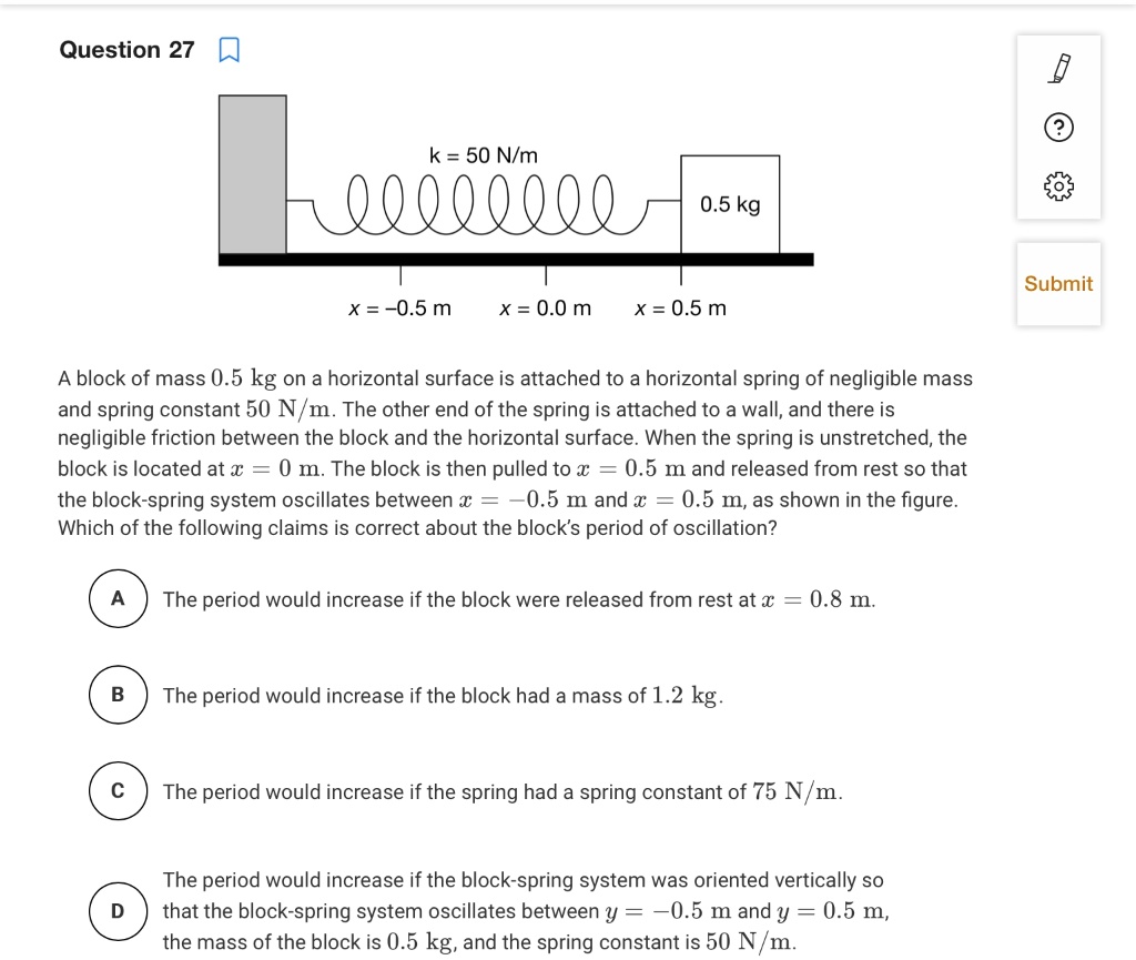 question 27 k 50 nm 05 kg submit x 05m x 00 m x 05 m a block of mass 05 kg on a horizontal ...