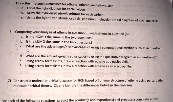 5) Draw the line-angle structures for ethane, ethene, and ethyne and a ...