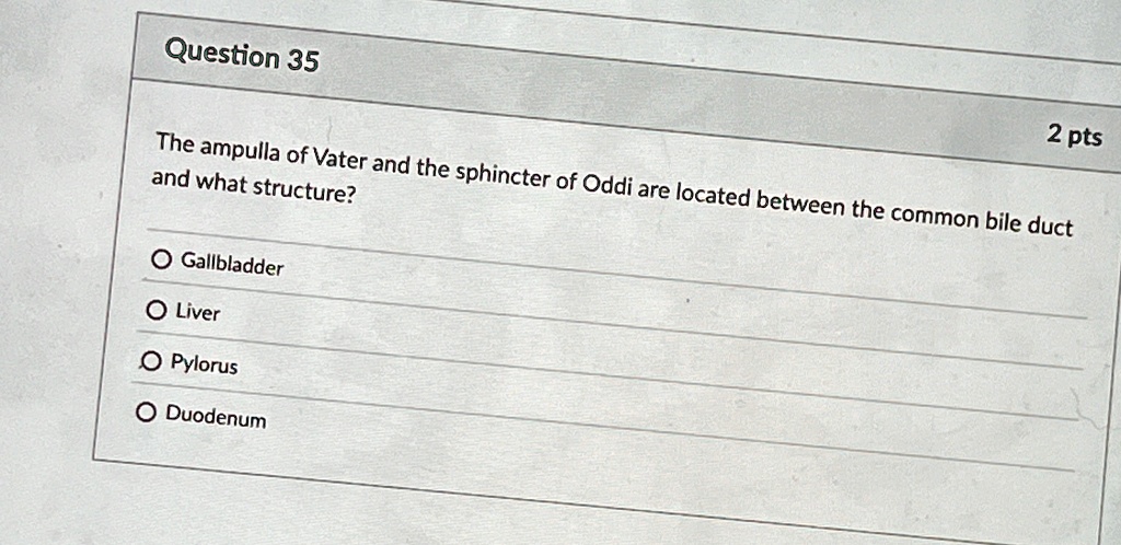 Question 35 2 pts The ampulla of Vater and the sphincter of Oddi are ...