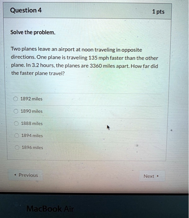 SOLVED: Question 4 1pts Solve the problem. Two planes leave an airport ...