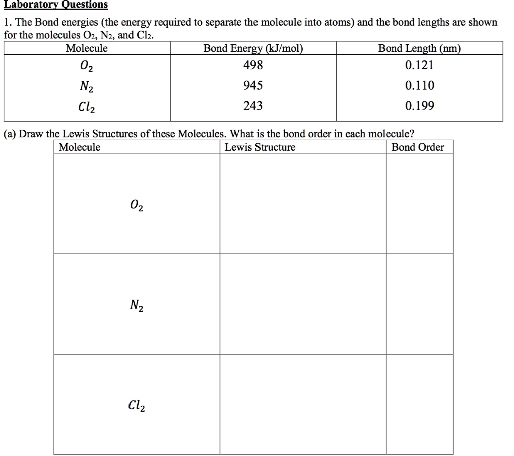 laboratory questions 1 the bond energies the energy required to ...