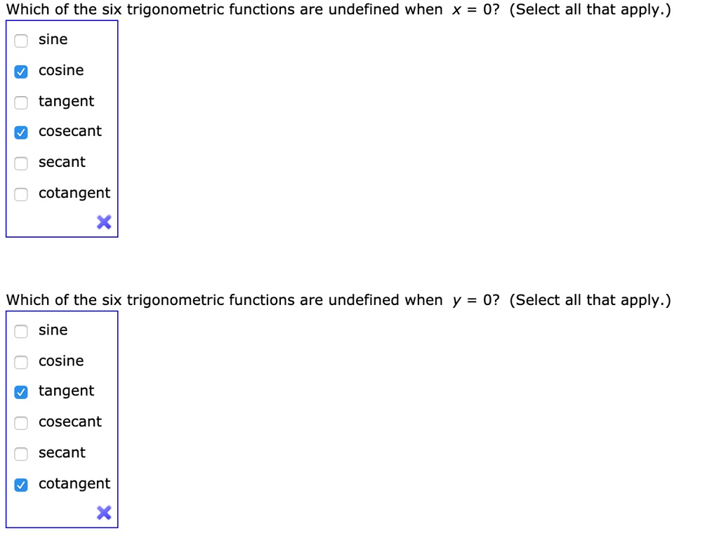 SOLVED: Which of the six trigonometric functions are undefined when 0 ...