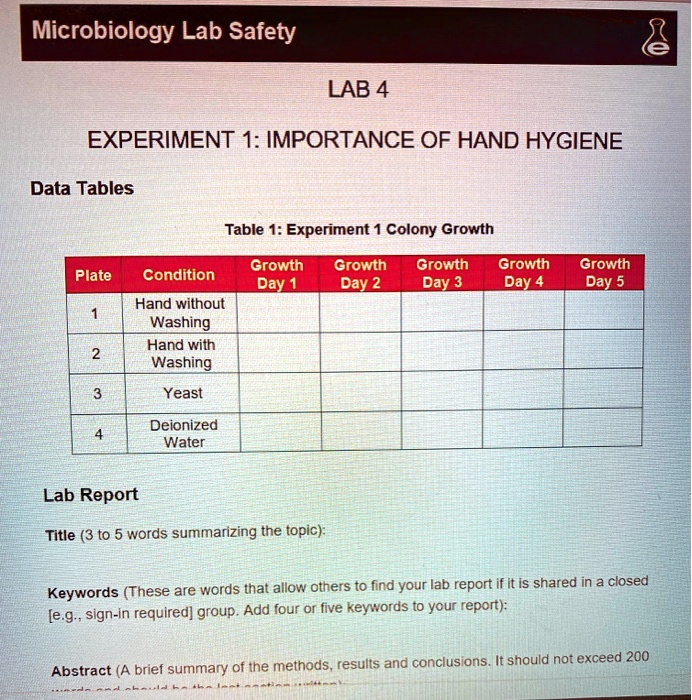 microbiology lab safety lab 4 experiment 1 importance of hand hygiene data tables table 1 ...