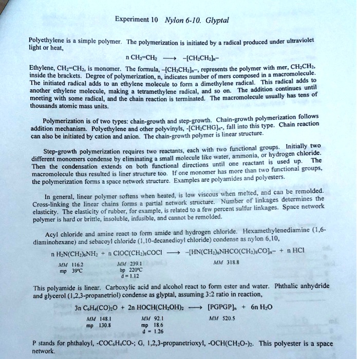 Experiment 10 nylon 6 10 glyptal polycthylene is simple...