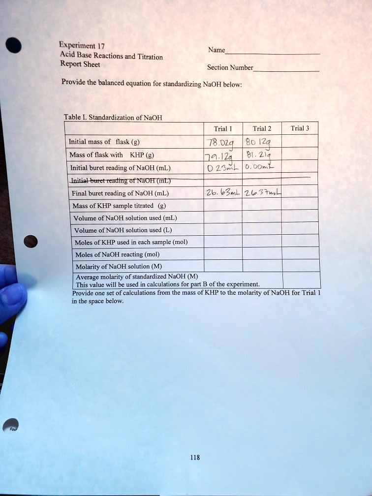 Experiment 17 Acid Base Reactions and Titration Report Sheet Name ...