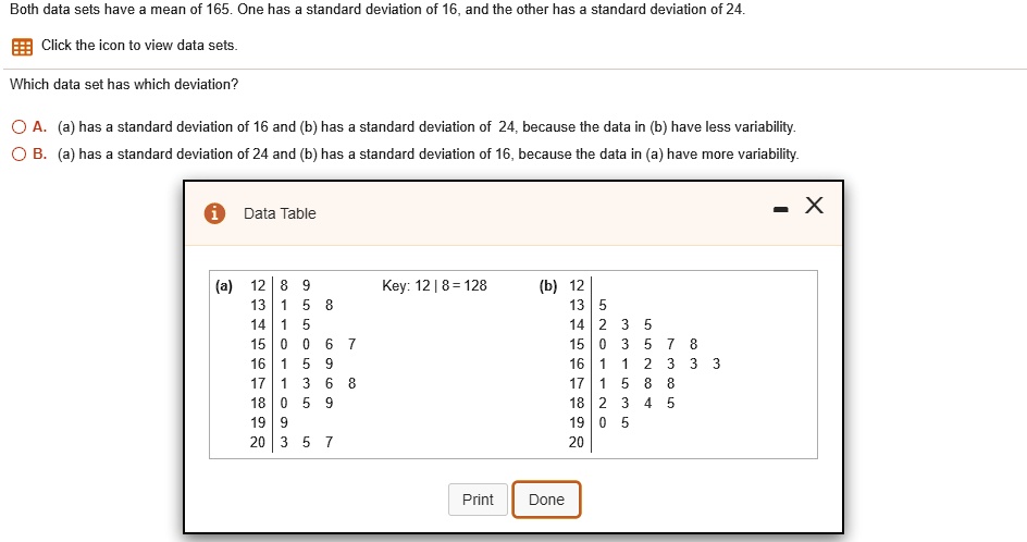 SOLVED: Both data sets have mean of 165 One has standard deviation of 16 and tne other has ...