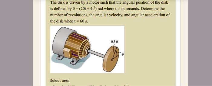 The disk is driven by a motor such that the angular position of the disk is defined by θ = (20t ...