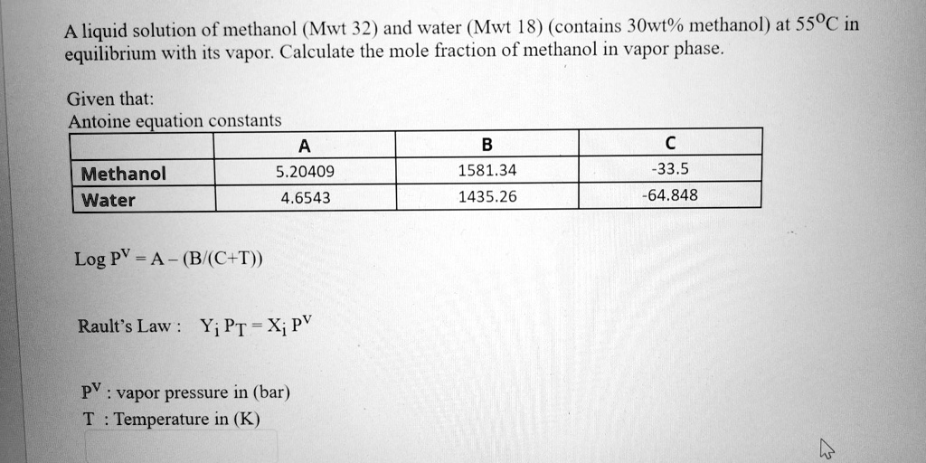 A liquid solution of methanol (Mwt 32) and water (Mwt 18) (contains 30wt% methanol) at 55°C in ...