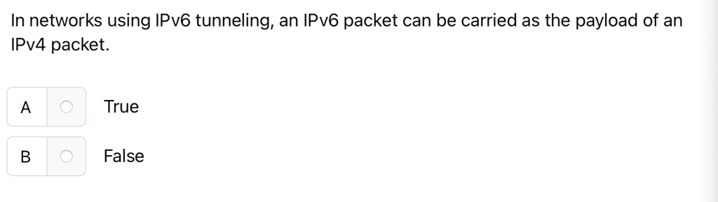 in networks using ipv6 tunneling an ipv6 packet can be carried as the payload of an ipv4 packet ...