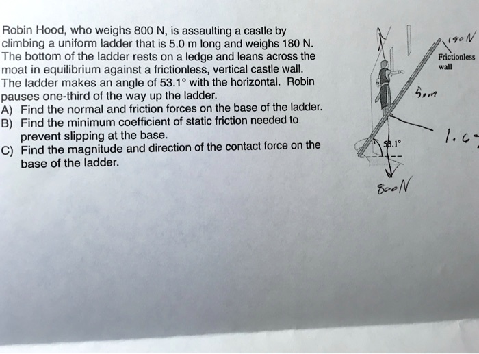 robin hood who weighs 800 n is assaulting castle by climbing a uniform ...