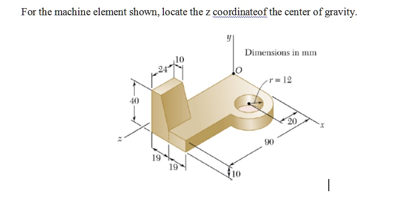 For the machine element shown, locate the z-coordinate of the center of ...