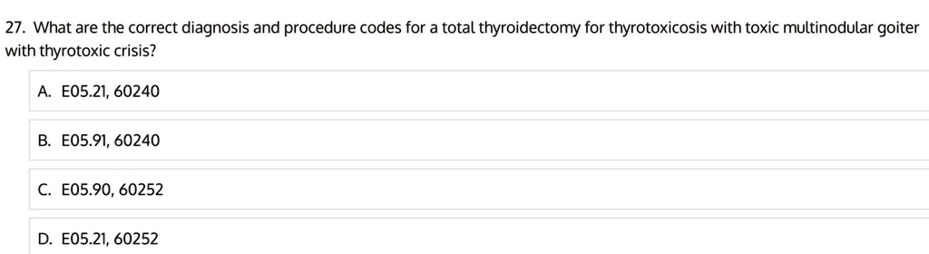 SOLVED: What are the correct diagnosis and procedure codes for a total thyroidectomy for ...