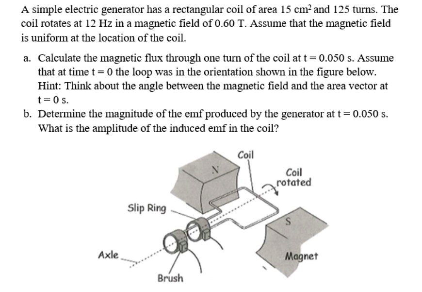A simple electric generator has a rectangular coil of area 15 cm² and ...