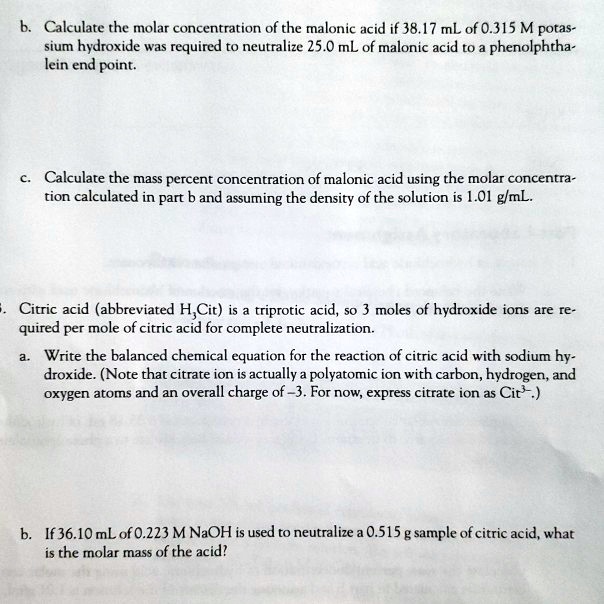 SOLVED: Calculate the molar concentration of the malonic acid if 38.17 ...