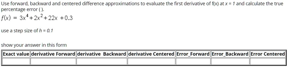 SOLVED: Use forward backward and centered difference approximations to ...