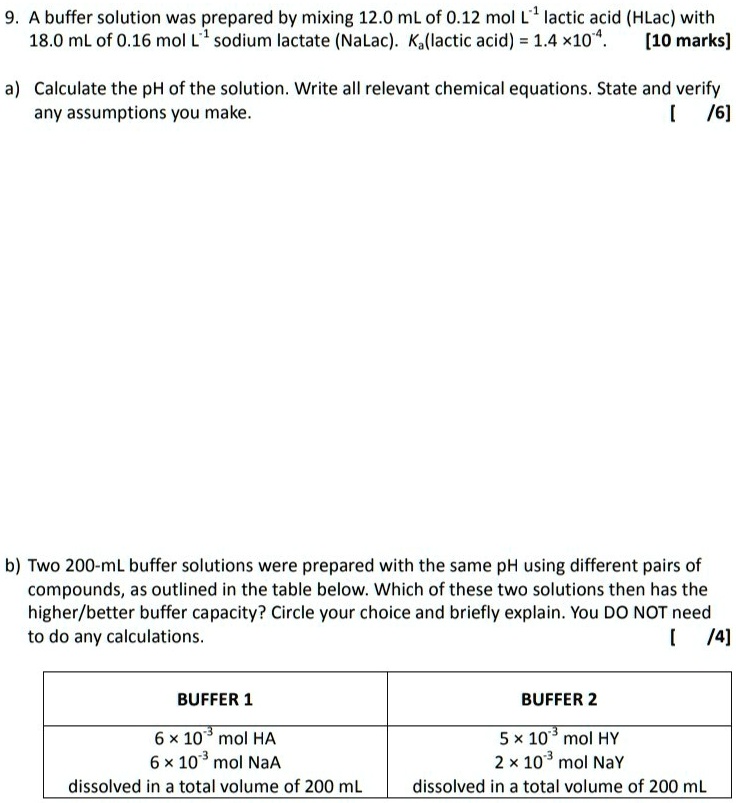 SOLVED: A buffer solution was prepared by mixing 12.0 mL of 0.12 mol/L lactic acid (HLac) with ...