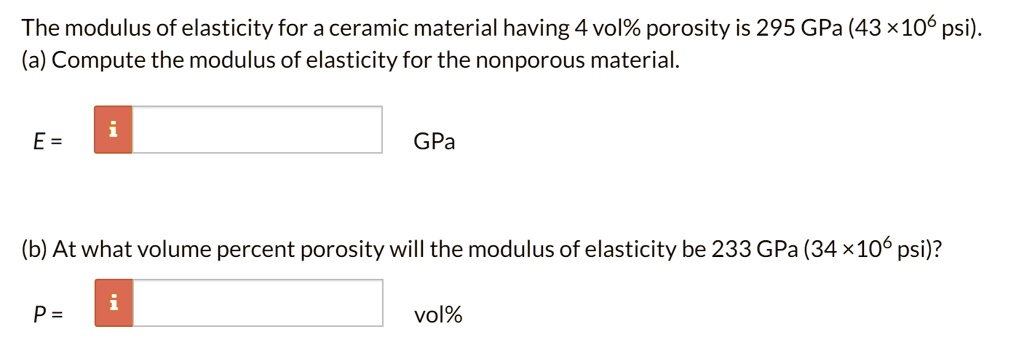 SOLVED: The modulus of elasticity for a ceramic material having 4 vol% porosity is 295 GPa ...