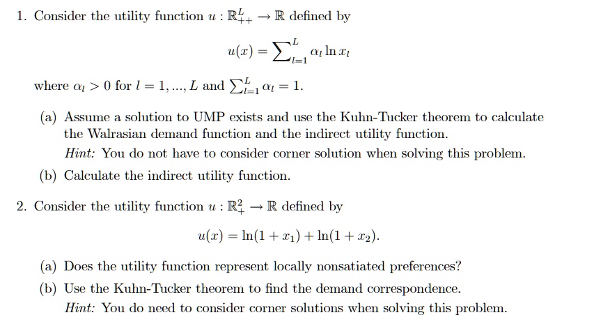 SOLVED: Texts: 1. Consider the utility function u : R+ → R defined by u(x) = a ln x (a) Assume a ...