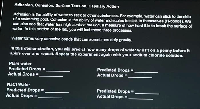 SOLVED: Texts: Adhesion, Cohesion, Surface Tension, Capillary Action ...