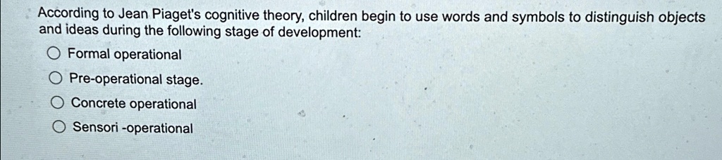 according to jean piagets cognitive theory children begin to use words ...