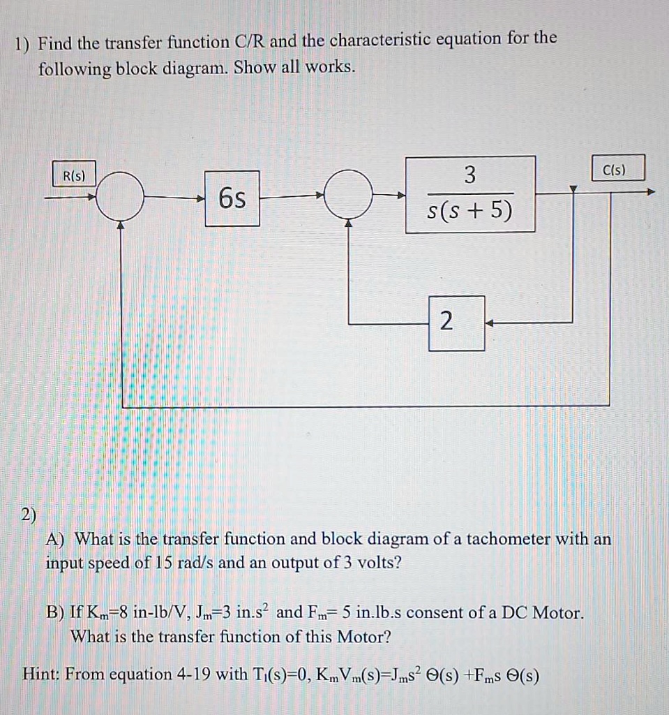 SOLVED: Find the transfer function C/R and the characteristic equation for the following block ...