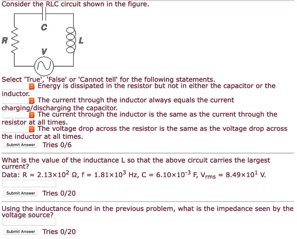 SOLVED: Consider the RLC circuit shown in the figure. R Select 'True ...