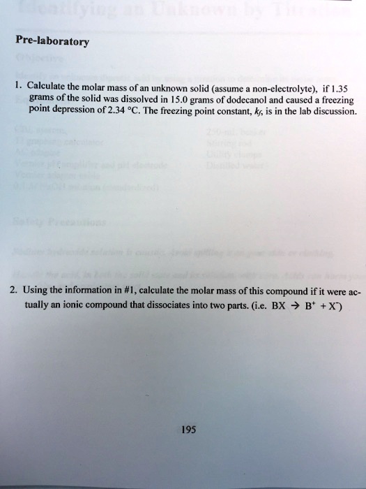 SOLVED: Pre-laboratory Calculate the molar mass of an unknown solid ...