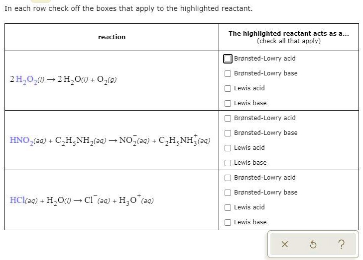 in each row check off the boxes that apply to the highlighted reactant the highlighted reactant ...