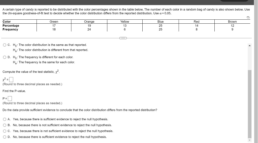 SOLVED: A certain type of candy is reported to be distributed with the color percentages shown ...