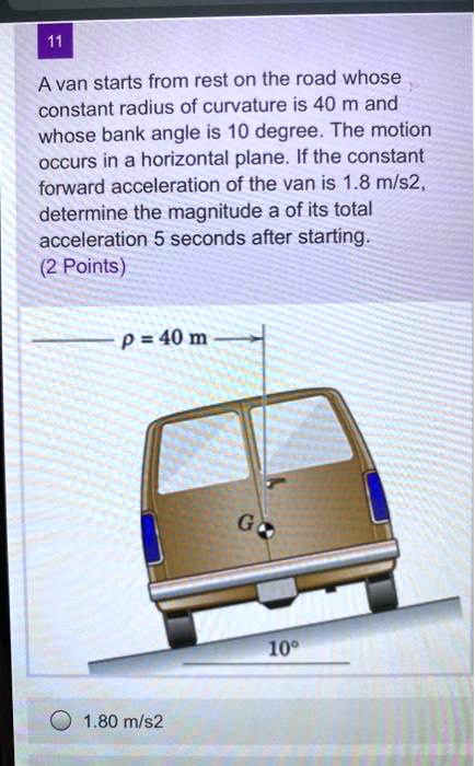 a van starts from rest on the road whose constant radius of curvature is 40 m and whose bank ...